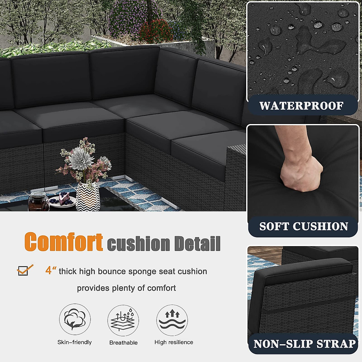 KHOLH 7 Pieces Patio Furniture Conversation Sofa Set with 44" Propane Gas Fire Pit Table, Outdoor Sectional Rattan Wicker Sofa Set