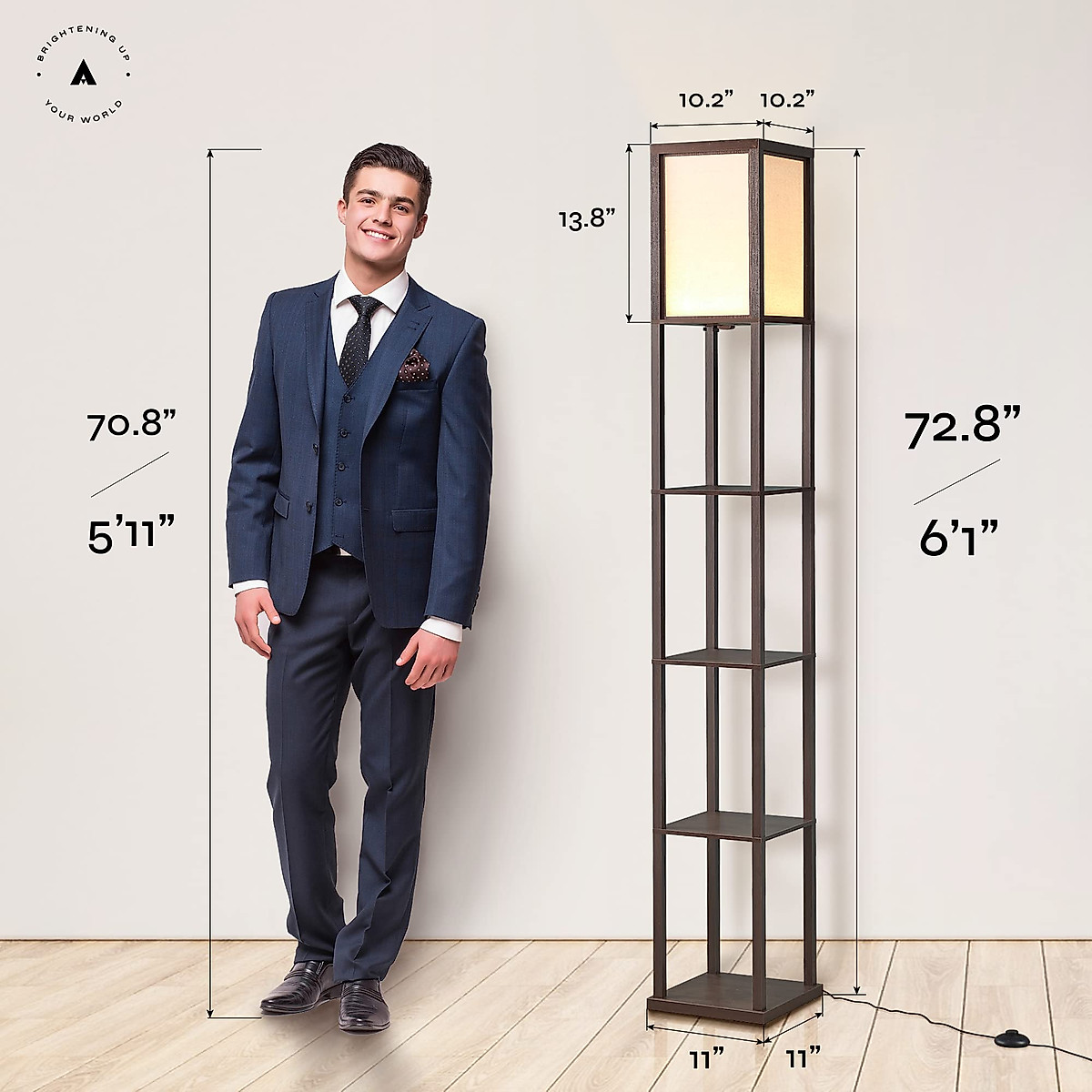 ATAMIN Alvin - 72" Dimmable LED Floor Lamp with Shelves, 3-Way Switching LED Shelf Floor Lamp, Modern LED Standing Lamp for Living Room and Bedroom, Brown