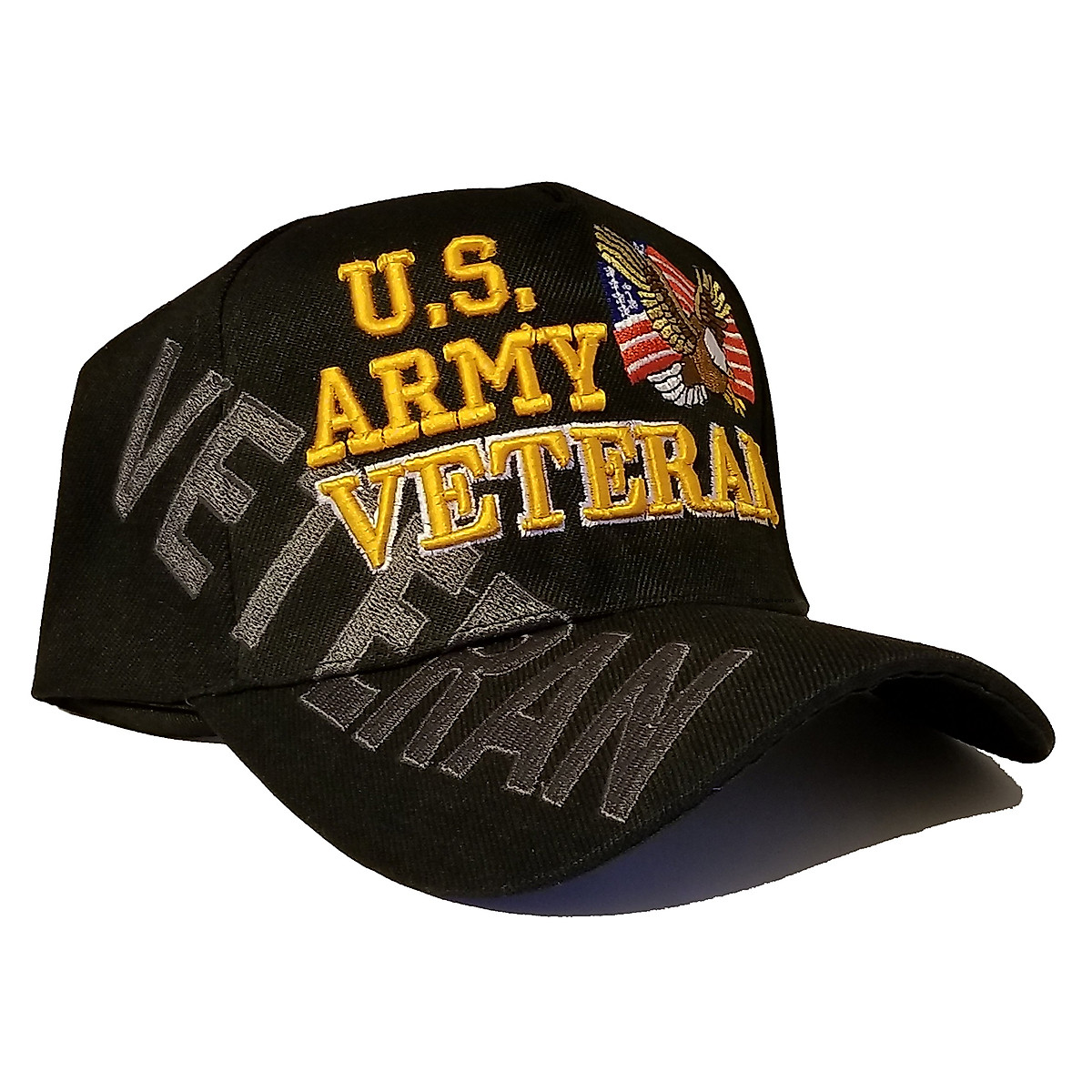 Army Black Baseball Cap US Veteran V American Flag USA Hat United States (Army Veteran Cap Black Side Shadow)