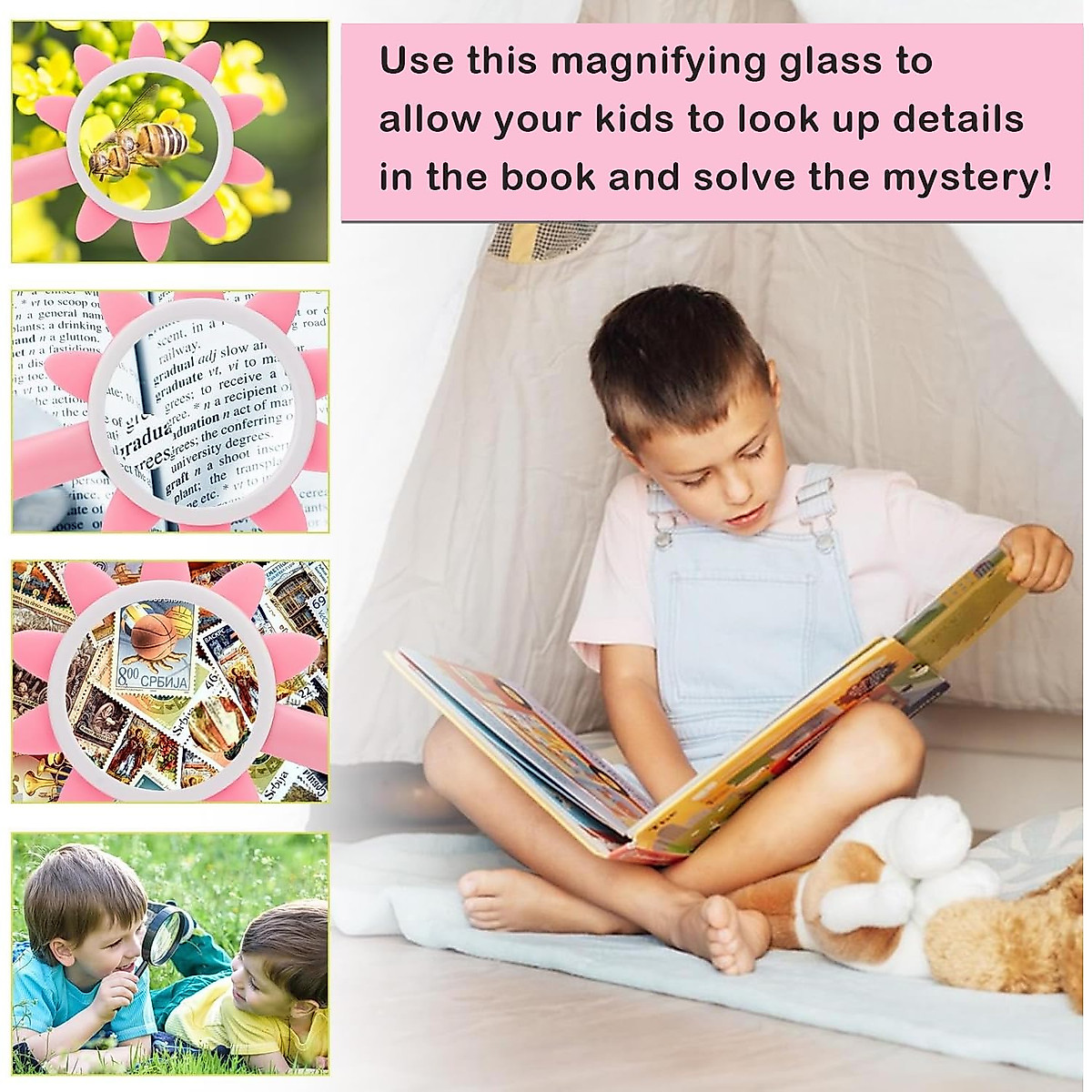 Kids Magnifying Glass Handheld Reading Magnifier for Children Student 10X Pink Magnifying Lens loupe for Reading Books, Exploring, Stamps, Map, Inspection (Pink)