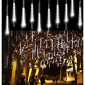 Aluan Christmas Lights Meteor Shower Rain Lights 10 Tube 240 LED 12 Inch Waterproof Plug in Falling Rain Fairy String Lights for Halloween Christmas Holiday Party Home Patio Outdoor Decoration, White