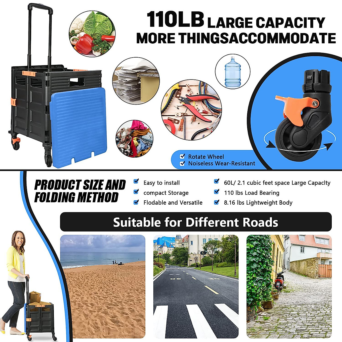 Foldable Utility Cart Folding Portable Rolling Crate Handcart Handcart Shopping Trolley Wheel Box with Lid,360°Rotate Wheels,Heavy Duty Durable Dolly Cart for Teacher Tourist Shopping Office Outdoor