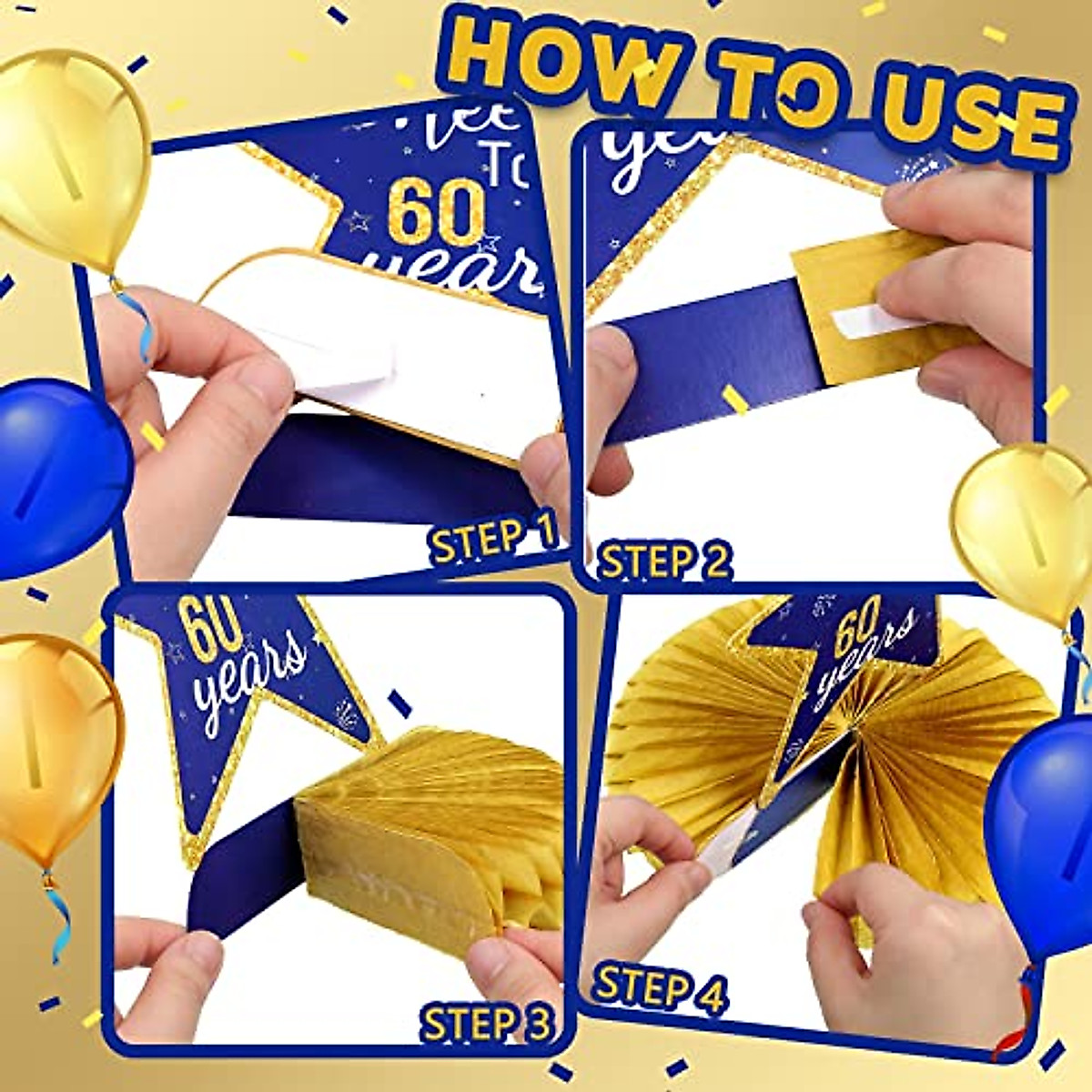 8 Pieces Gold and Blue 60th Birthday Table Centerpieces, 60th Birthday Honeycomb Table Centerpieces, 60th Birthday Table Decorations Birthday Party Supplies for 60th Table Birthday Decorations