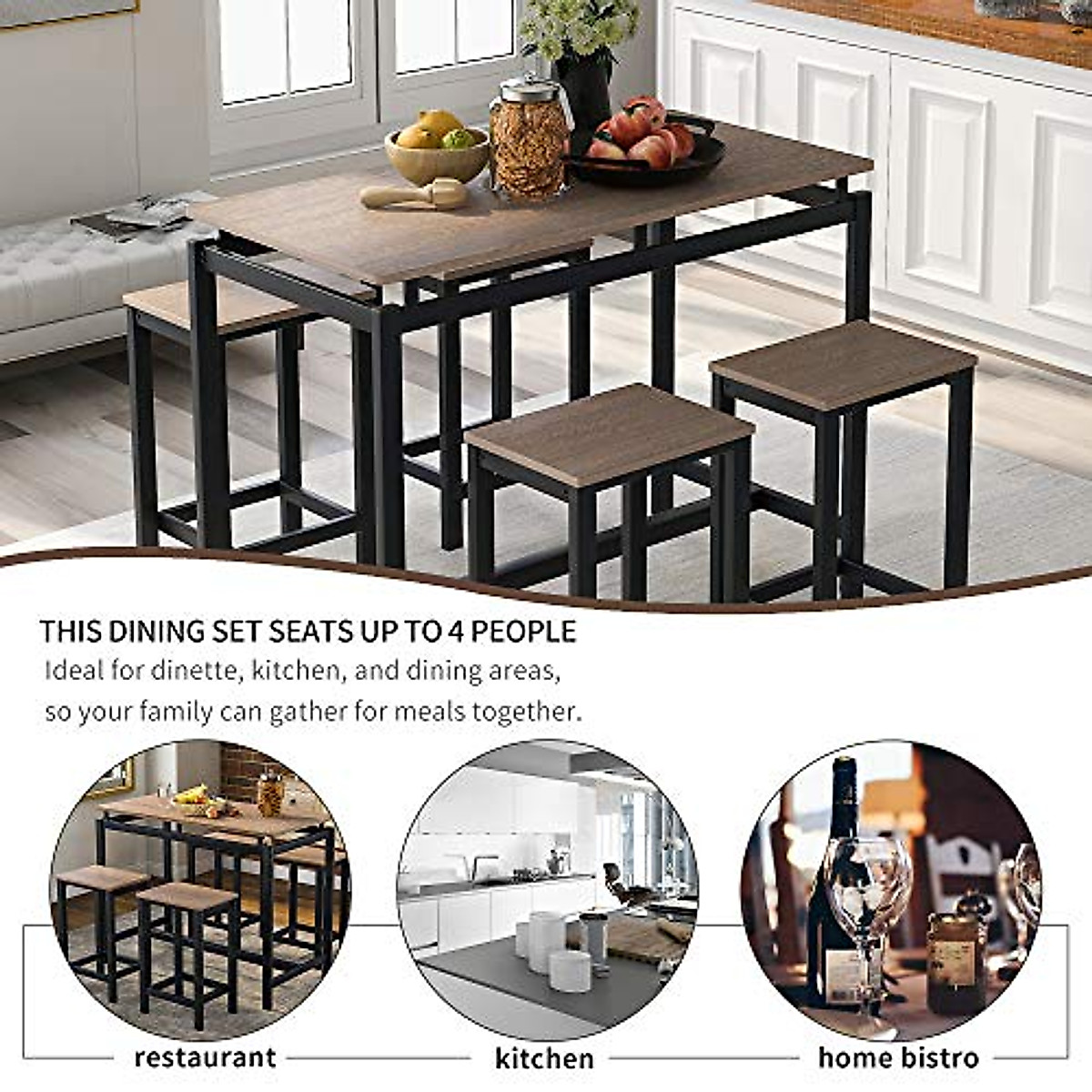 WOZNLA Room 5-Piece Industrial Counter Height Dining Set-Rustic Rectangular Table and Chairs for Kitchen-Perfect for Family Dinners and Gatherings, Dark Brown