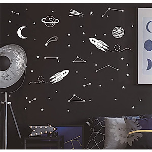 UILMNIY The Outer Sapce Spaceship Rocket Wall Decor Sticker for Kids Room Art Constellation Stars Moon Space Wall Decal for Nursery Room Bedroom Decor Mural AFN127 (White)