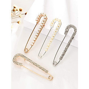Women Brooch Pins Sweater Shawl Clips Faux Crystal Pearl Brooches Safety Pins Dress Shirt Clips for Women Gold Silver (4 Pieces)