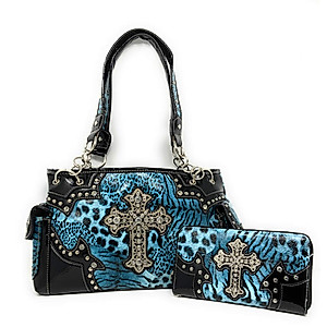 western rhinestone cross leopard concealed carry handbag with matching wallets in 3 colors (Blue)
