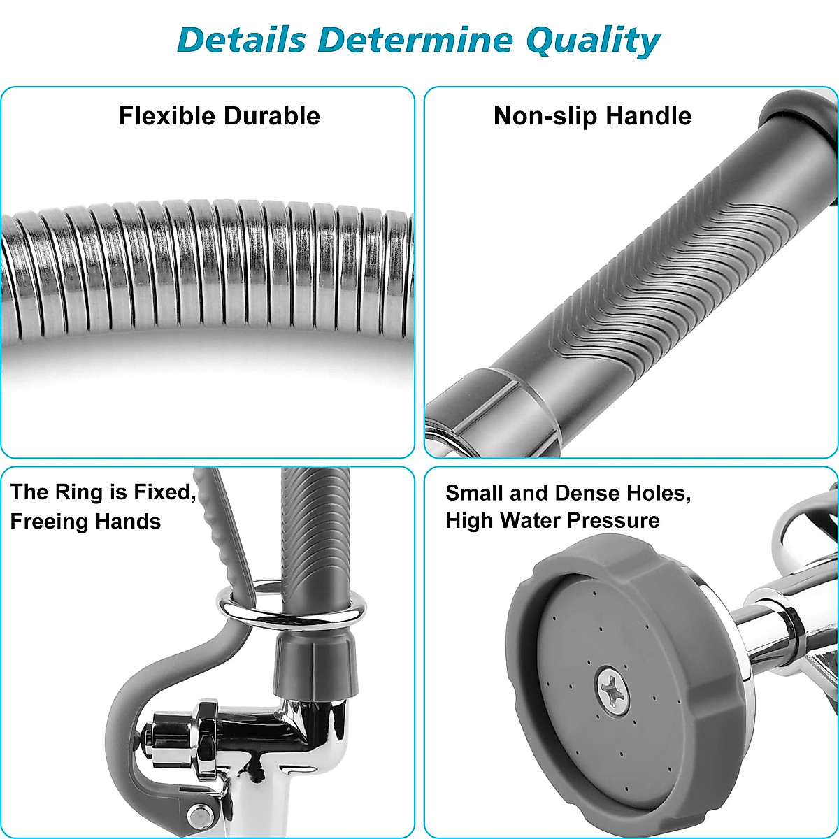 NETISR Commercial Sink Sprayer with 44" Flexible Stainless Steel Hose, Universal Pre-Rinse Dish Spray Valve Replacement Kit Assembly Sprayer Nozzle Head, Grey