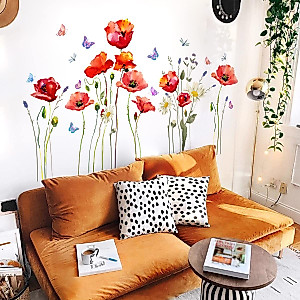 Red Poppy Flowers Wall Decals Daisy Floral Butterfly Wall Stickers DIY Removable Green Leaf Plant Flower Wall Art Decor for Kids Girls Bedroom Living Room Nursery Playroom Decoration DT-MS091
