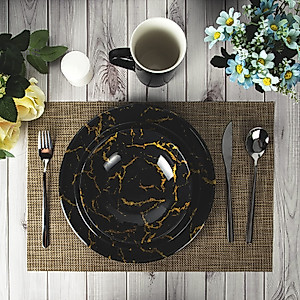 Melamine Dinnerware Sets - 12 pcs Melamine Plates Indoor and Outdoor use Black Marble Plates and Bowls Dinnerware Sets Camping Dish Set for 4 Dishwasher Safe(Sahara Gold)