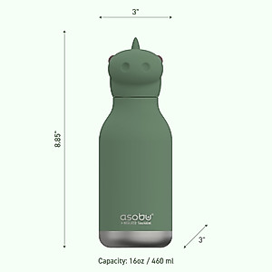 asobu Bestie Bottle Insulated Stainless Steel Water Bottle with Detachable Soft Animal Head Fun Drinking for Kids and Teens with Flexible Reusable Straw 16 Ounce (Dinosaur)