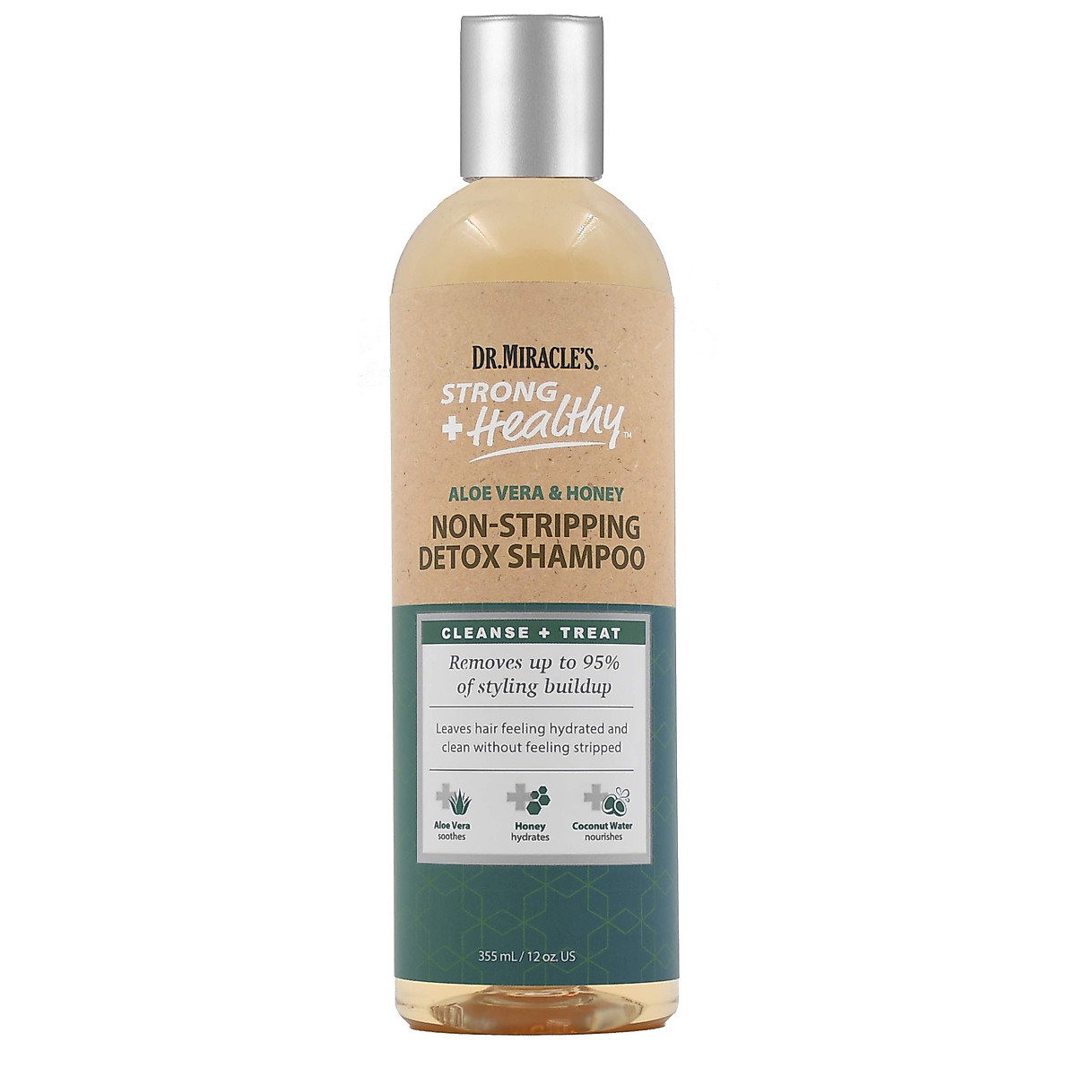 Dr. Miracle's Strong & Healthy Non Stripping Detox Shampoo. Contains Aloe Vera, Honey and Coconut Water to Combat Dryness, Shedding and Breakage to Support Healthy Hair and a Thriving Scalp. 12 oz.