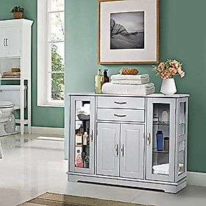 Hysache Buffet Sideboard, Kitchen Storage Cabinet w/2 Drawers & 3 Cabinets, Multifunctional Sideboard Console Table w/Adjustable Glass Shelves for Kitchen, Living Room, Dining Room (Grey)