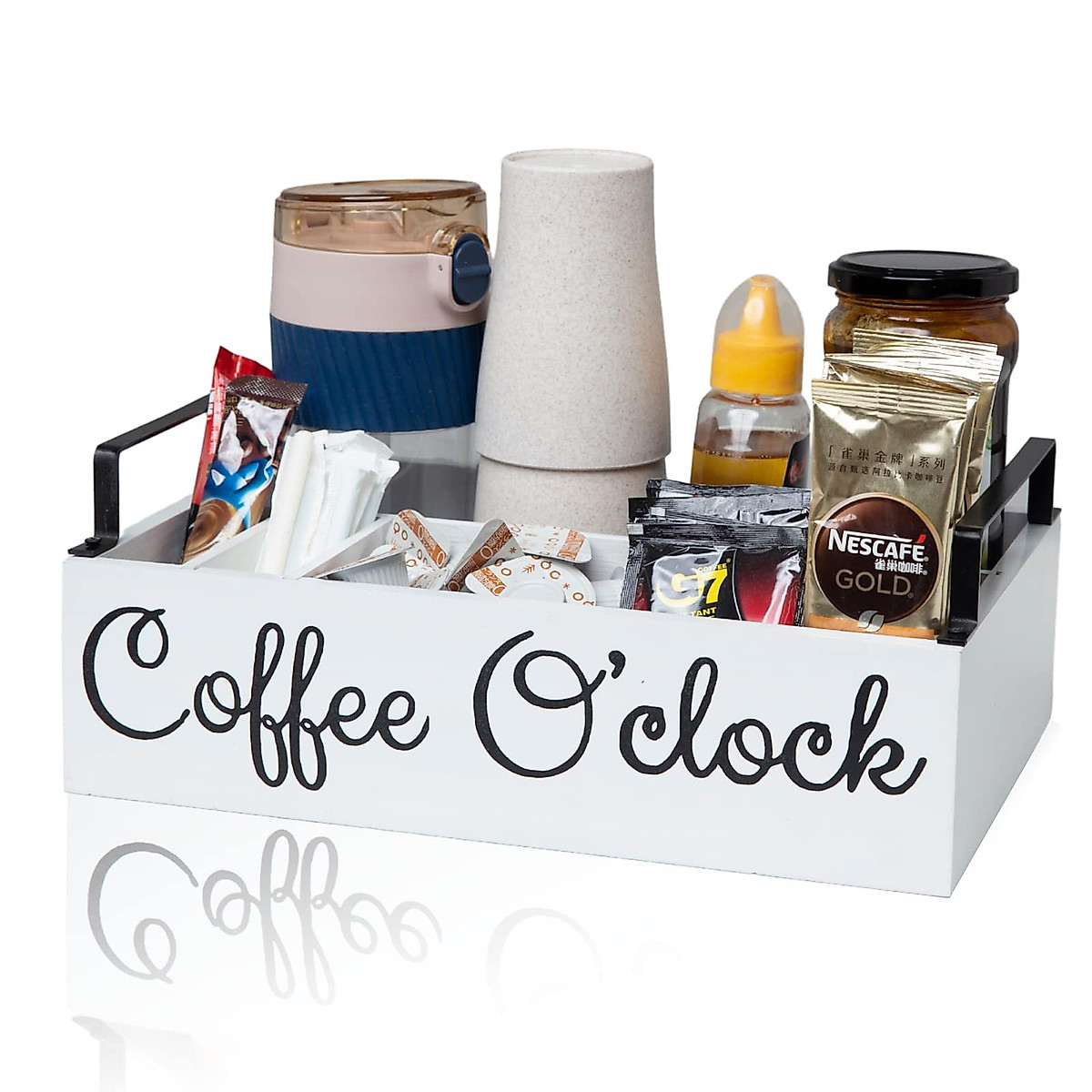 QUALLON Coffee Station Organizer with Small Removable Dividers, Wooden Coffee Bar Accessories Storage For Countertop, Farmhouse Kcup Coffee Pod Holder Basket With Handle For Coffee Lover - white