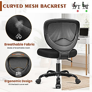 Razzor Office Chair, Comfy Desk Chair for Bedroom, Swivel Computer Desk Chair with Rolling Wheels, Armless Office Chair with Mesh Back Support, Adjustable Height Computer Chair for Home, Black