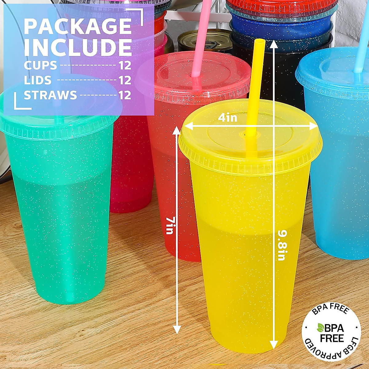 18 Packs Cups with Lids and Straws Glitter Reusable Cups in Vivid Colors 24 oz Plastic Tumbler with Lid and Straw Iced Coffee Cup Reusable Coffee Cups with Lid Ices Coffee Travel Mug Cup Water Glasses