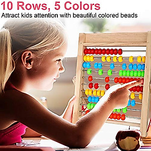 KIDWILL Preschool Math Learning Toy,10-Row Wooden Frame Abacus with Multi-Color Beads, Counting Sticks, Number Alphabet Cards, Gift for 2 3 4 5 6 Years Old Toddlers Boys Girls