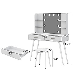 Furniouse Vanity Desk, Vanity Mirror with Lights, Makeup Table Set with Drawers, Vanity Set for Bedroom with 3 Lighting Modes Studio White