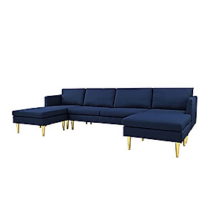 JULYFOX U Sectional Couch Sofa Blue, 122 inch Wide L Shaped Corner Sectional Couch with Chaise and Ottoman Mid Century Modern for Living Room