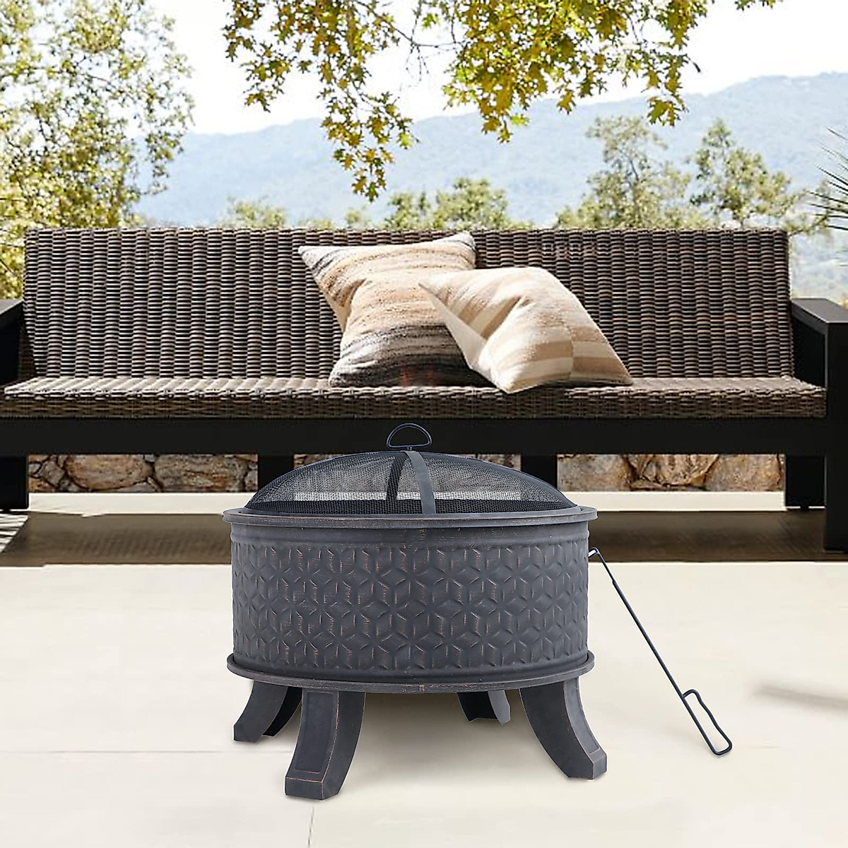 Wood Burning Fire Pit for Outside Antique Bronze 26 Inch Firepit Large Round Fire Pit Bowl with Poker & Spark Screen for Patio Lawn Backyard 4 Leg & Bronze Finish