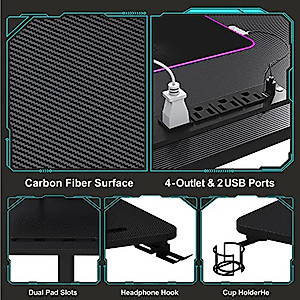 Melodyblue Gaming Desk with LED Lights, 63" Wing-Shaped Computer Desk with RGB Mouse Pad, Power Outlets, Monitor Stand, Headphone Hook, Cup Holder, Ergonomic Studio Desk, Gaming Table, Black