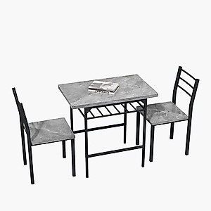 AnwickNomo Dining Table Set for 2, 3-Piece Bistro Table and Chairs Set, Breakfast Nook Table Set, Small Kitchen Table Set for 2, Dinette Set with Black Frame & Printed Gray Marble Finish (Gray)