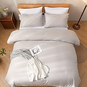 JANZAA Queen Comforter Set 7 Piece Comforter Set Queen Bed in a Bag Oatmeal Comforter with Microfiber Sheets Pillow Cases Pillow Shams Fitted Sheet Flat Sheet Bed Set Soft Bedding Set for All Season