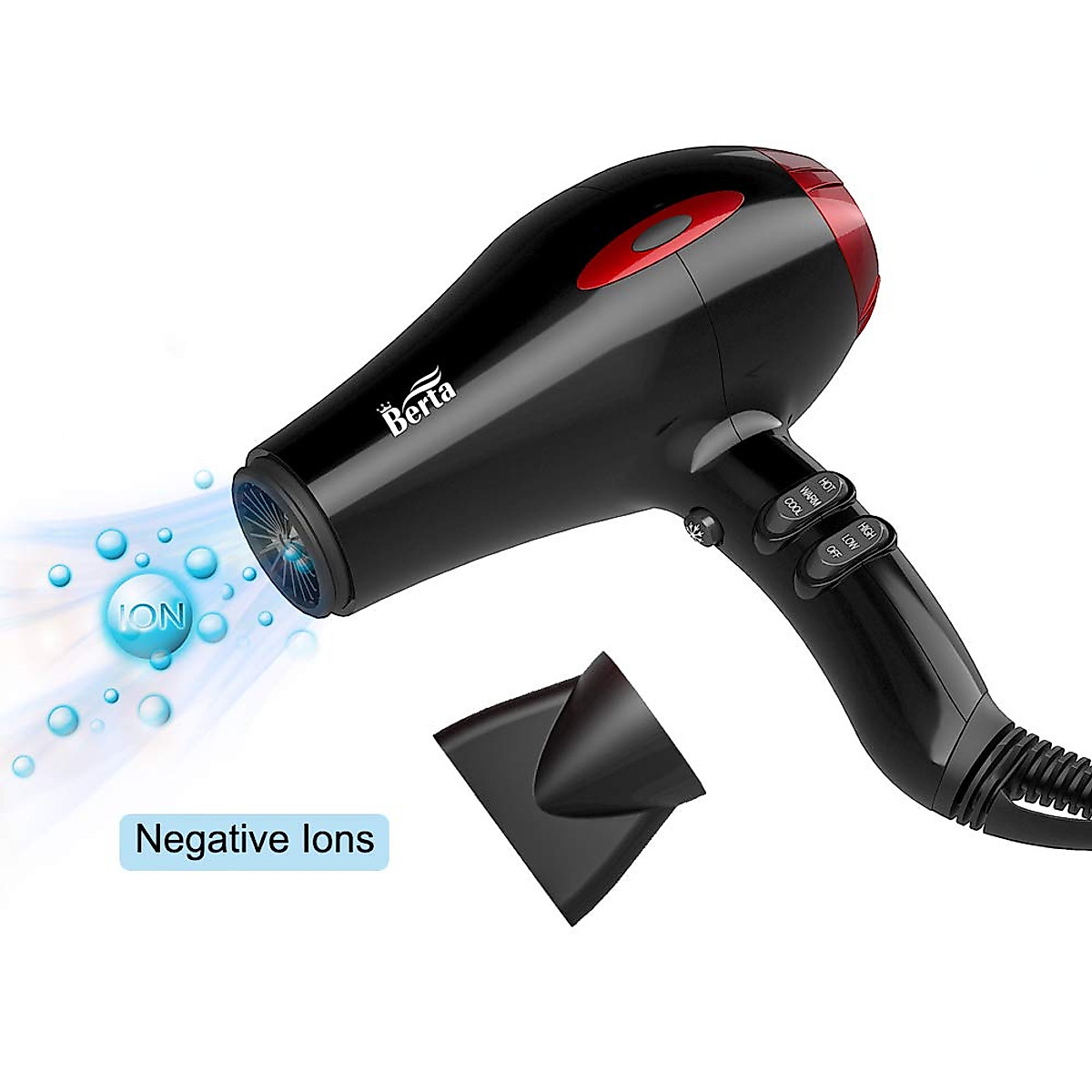 BERTA 1875W Professional Salon Hair Dryer Negative Ionic Blow Dryer, 2 Speed 3 Heat Settings Cool Button with AC Motor, Concentrator Nozzle & Diffuser