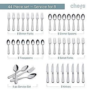Chefs 18/10 Stainless Steel 44pc Flatware Set, Service for 8, Harlow