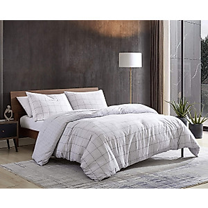 Kenneth Cole New York - Queen Duvet Cover Set, Reversible Cotton Bedding with Matching Shams, Modern Home Decor (Holden Grid Grey, Queen)
