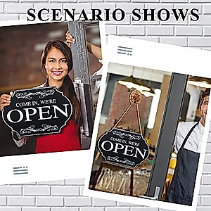 Rustic Wooden Store Open and Closed Business Sign Two Sided Reversible Come In We're Open or Closed Store Hanging Sign for Coffee Bar Shop Door Window, 11.8 x 7.8 Inch (Black Board, White Words)
