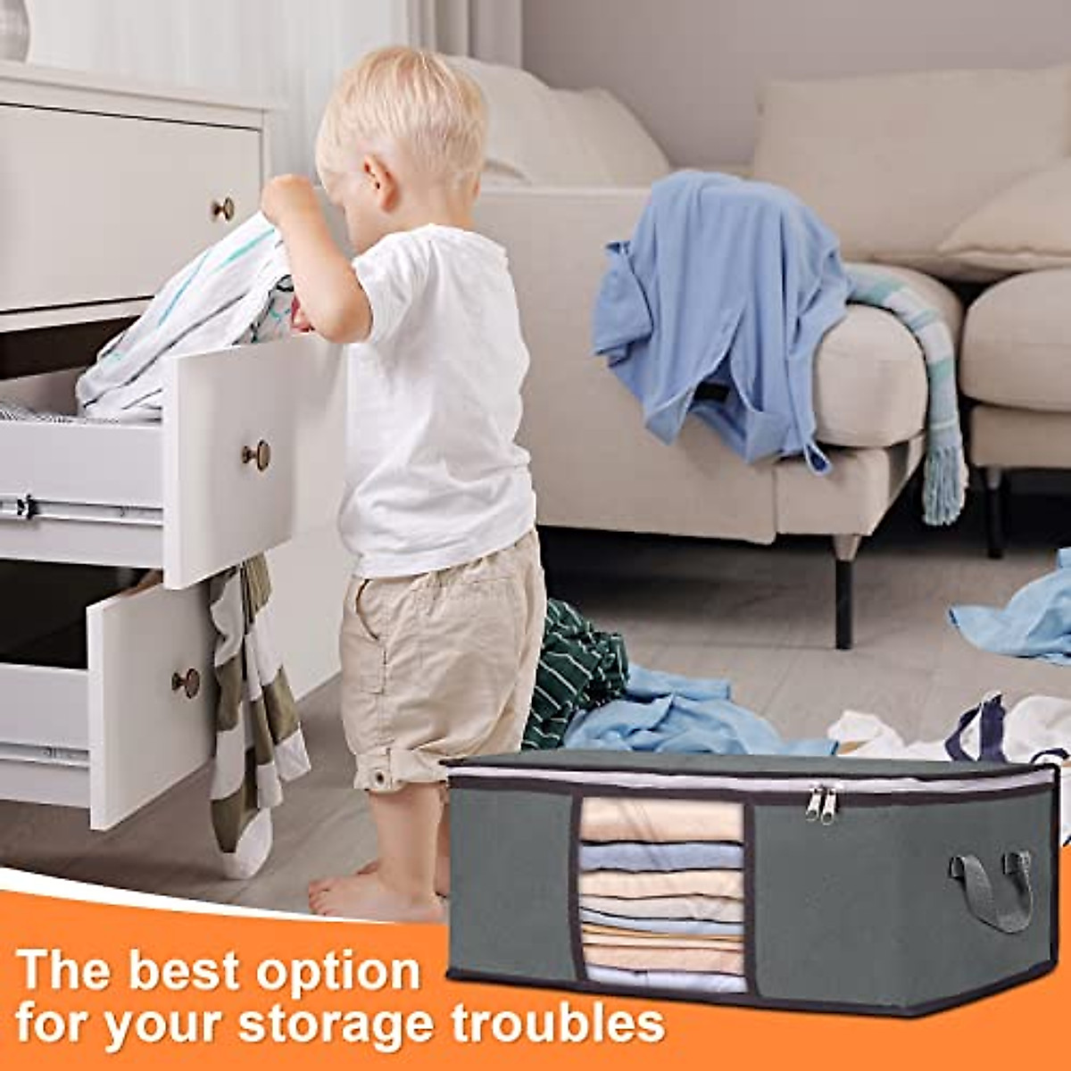 35L Practical Size Clothes Storage Bags with Clear Window, Double Zippers, Storage Bins for Under Bed, Closet Organizers and Storage Containers for Blankets Clothing Baby Clothes, 6 Pack, Grey