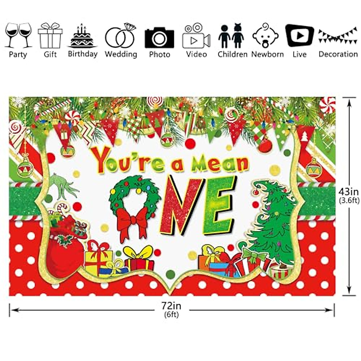 Swepuck 72x43inch Fabric You're a Mean one Merry Grinchmas Backdrop Christmas Red and Green Photography Background Xmas Party Decorations for 1st Birthday Baby Photo Banner