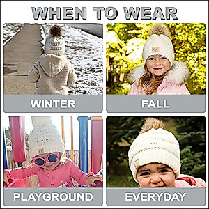 Funky Junque Girl's Knit Pom Beanie Hat: Diagonal Stripes Faux Fur Pom w/Patch (White)