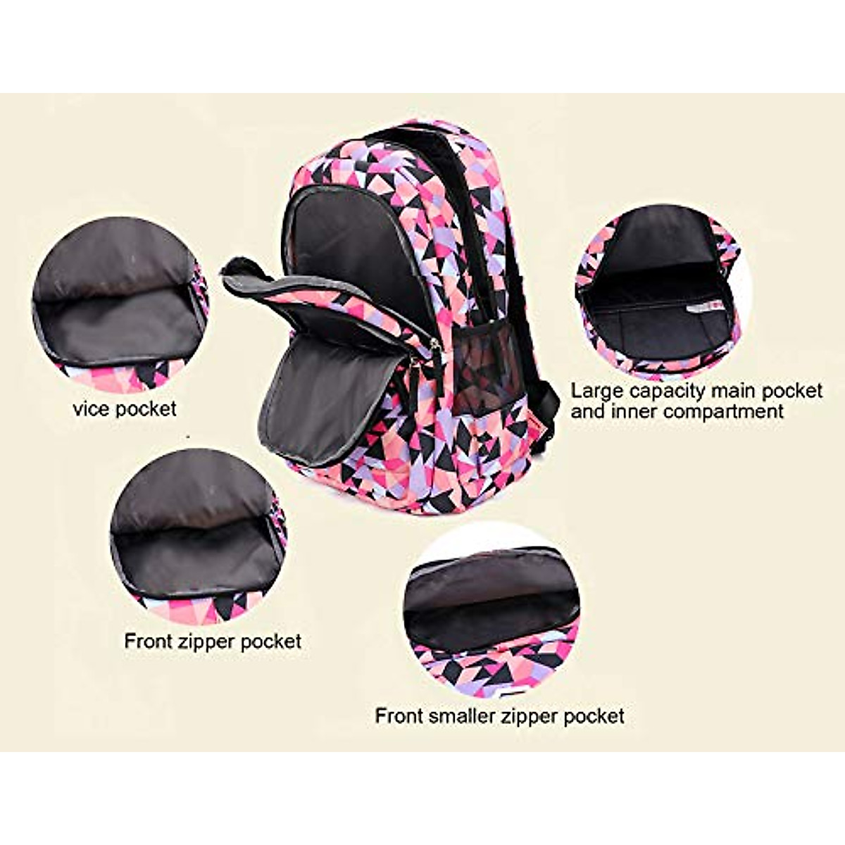 JiaYou Girl Geometric Printed Primary Junior High University School Bag Bookbag Backpack(2# Black,19 L)