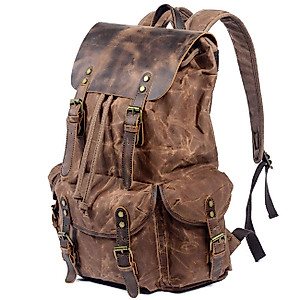 WUDON Leather Backpack for Men, Waxed Canvas Shoulder Rucksack for Travel School (Coffee-Oversize, Oversize)