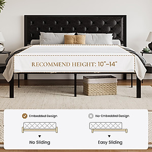 SHA CERLIN King Size Bed Frame, Metal Platform Bed with Faux Leather Upholstered Button Tufted Headboard, Mattress Foundation with 12.4” Storage, No Box Spring Needed, Easy Assembly, Black
