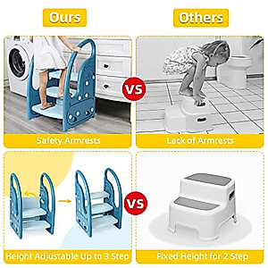 Kid Step Stool Plastic Toddler Step Stool for Kids Three Step Standing Tower for Kitchen/Bathroom/Toilet Potty Training, Learning Helper with Handles and Safety Non-Slip Pads (Deep Blue Light Blue)