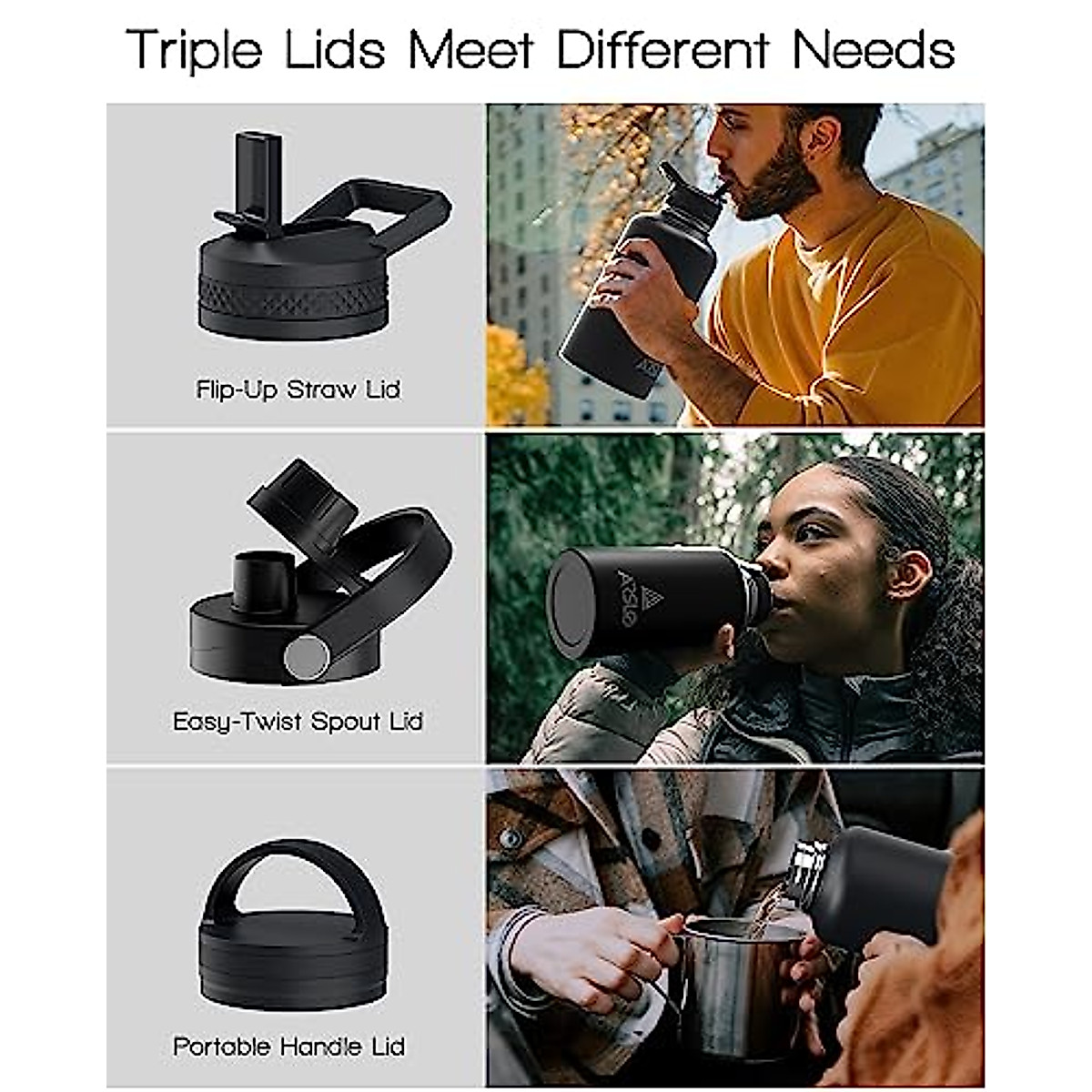 Arslo Half Gallon Insulated Water BottleDaily Water Intake Bottles with Storage Sleeve 3 Lids Straw, Spout and Handle Lid, Vacuum Double Walled 64oz Thermos Water Jug for Sports