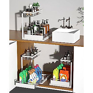 Zyerch Under Sink Organizer,Metal Pull Out Kitchen Cabinet Organizer with Sliding Drawer,Sturdy Multi-Functional for Bathroom Organization,White