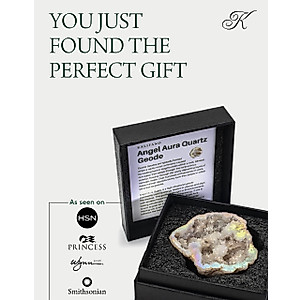 KALIFANO Angel Aura Quartz Geode - Titanium Bonded High Energy Crystal Cuarzo Cluster/Druzy with Information Card - Natural Reiki Rock Used for Clarity and Purpose (Family Owned and Operated)