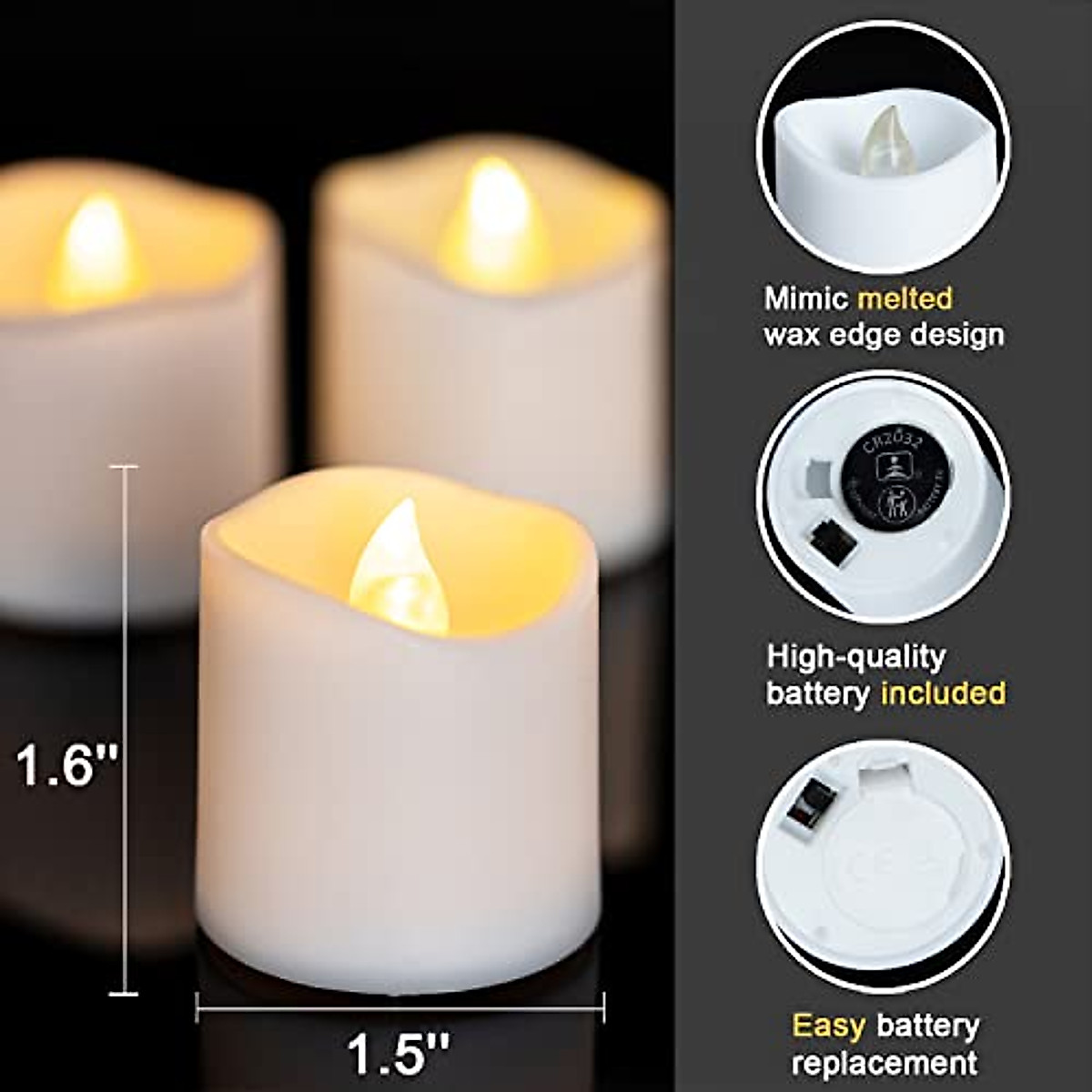 Homemory 12Pack Flameless LED Votive Candles,1.5" x 1.6" Long Lasting Electric Fake Candles, Battery Operated Tealights for Wedding, Table, Romantic Decorations (White Base, Batteries Included)