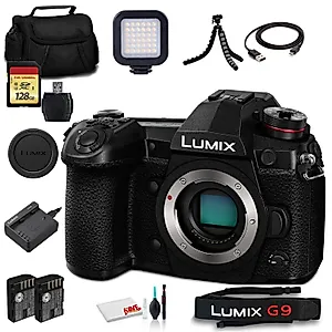 Panasonic Lumix DC-G9 Mirrorless Digital Camera (Body Only) (DC-G9KBODY) - Bundle - with 128GB Memory Card + LED Light + DMW-BLF19 Battery + Soft Bag + 12 Inch Flexible Tripod + Cleaning Set + More