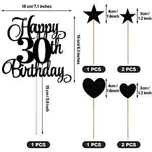 30th Birthday Cake Decorations Set Include 30th Birthday Candles Numeral 30 Cake Candles and Happy 30th Birthday Cake Toppers with Heart Star Cupcake Picks for Birthday Party (Black Series)