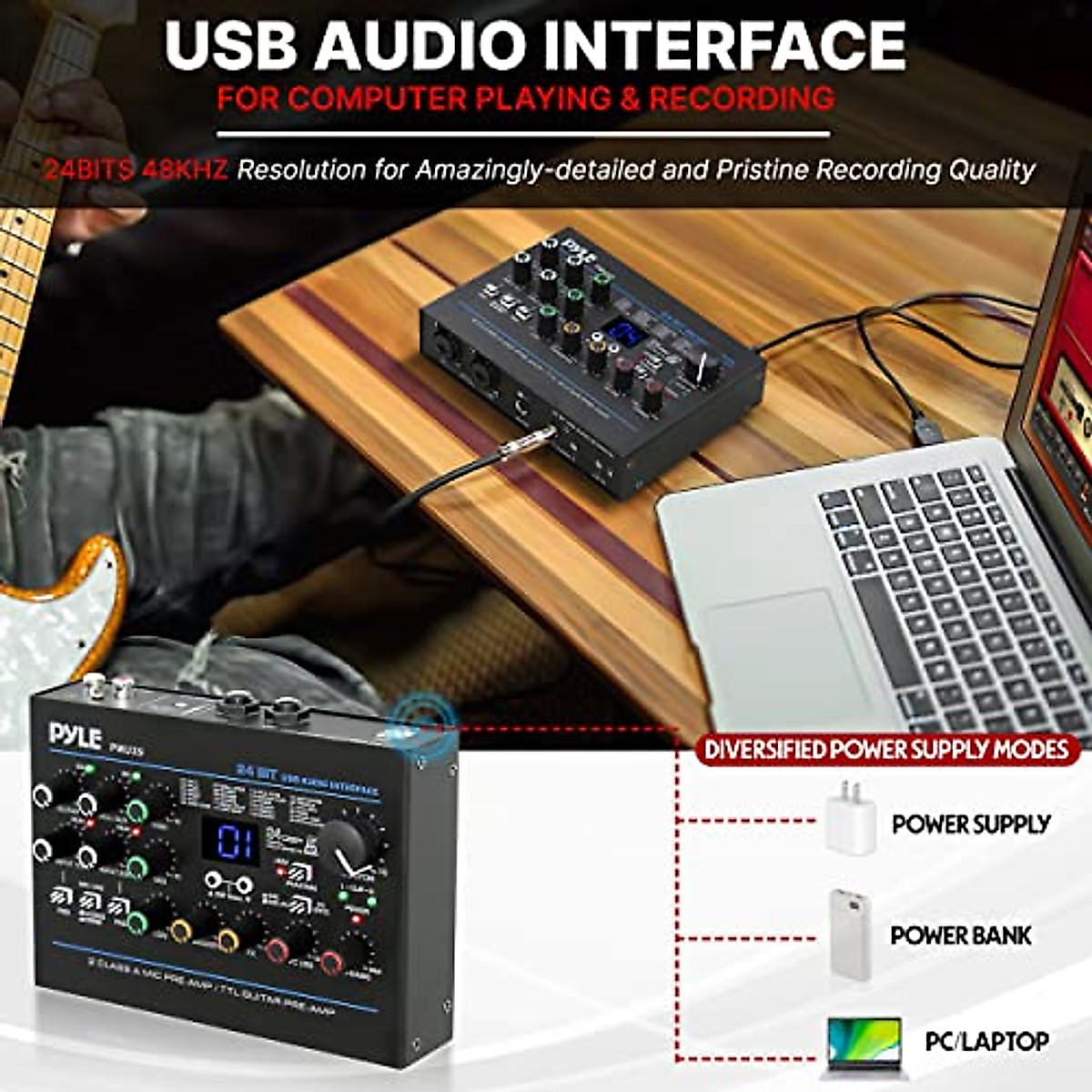 Pyle Professional USB Audio Interface with MIC/LINE, Guitar, AUX Stereo and RCA Inputs, Phone/Stereo/Monitor Outputs, Ideal for Computer Playing & Recording, Preset 24 Digital Effects - PMUX9