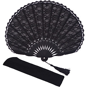 Womens Multi Color Handmade Cotton Lace Folding Hand Fan (Black-A) (Black-a)