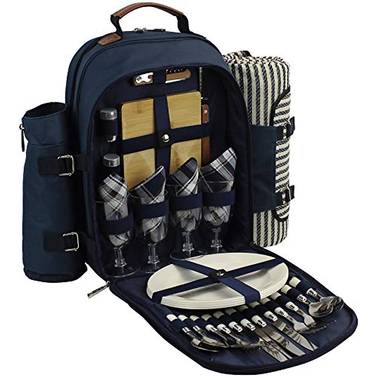 Picnic Backpack for 4 | Picnic Basket | Stylish All-in-One Portable Picnic Bag with Complete Cutlery Set, Stainless Steel S/P Shakers | Picnic Blanket Waterproof Extra Large| Cooler Bag for Camping