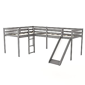 Myshle Twin Loft Bed for Kids, L-Shape Loft Beds with Slide,Low Loft Bed Frame Corner Bunk Bed Wooden Loft Bed for Girls Boys Teens,Gray