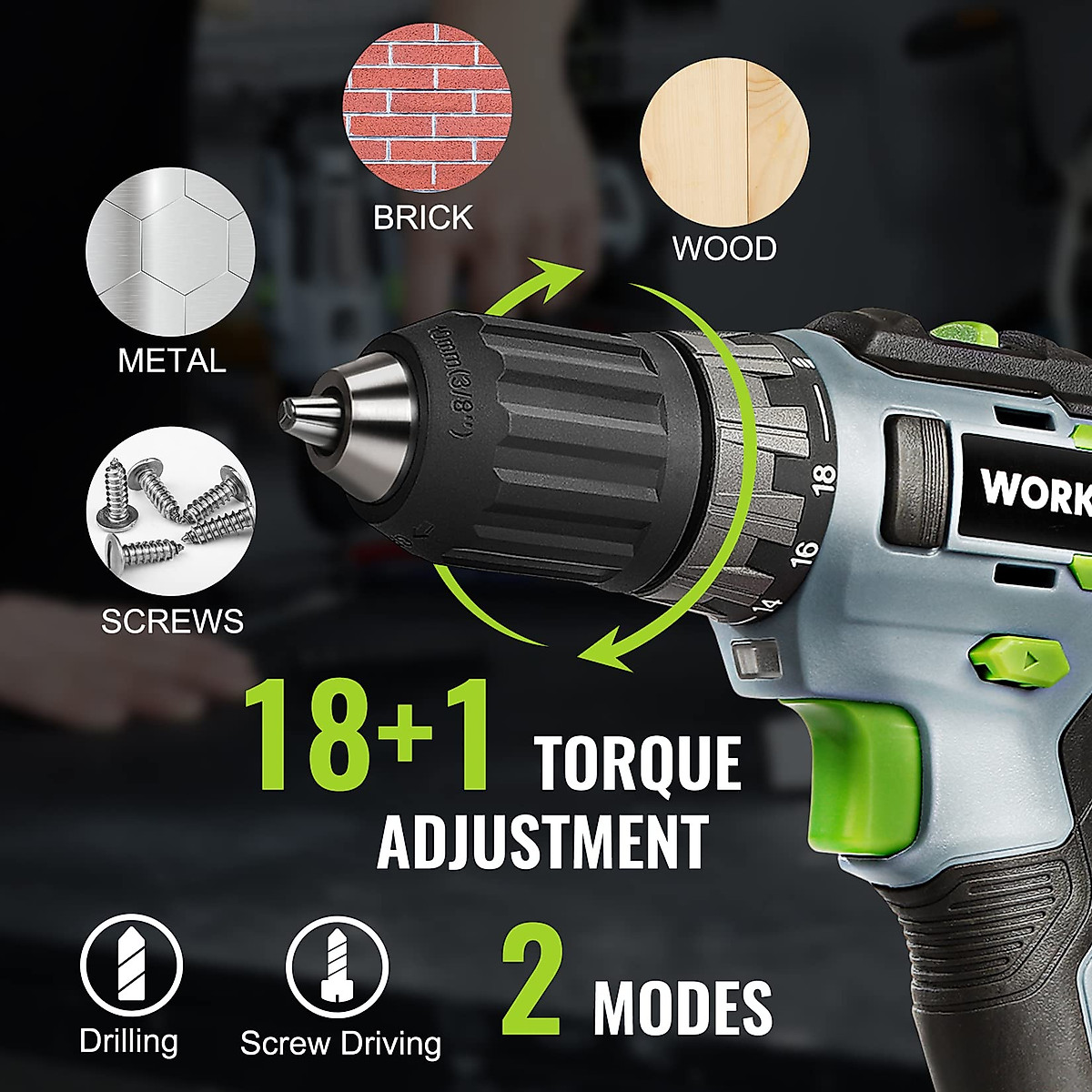 WORKPRO 20V Cordless Drill Driver Kit, 3/8'' Keyless Chuck, 2.0 Ah Li-ion Battery, 1 Hour Fast Charger and 11-inch Green Storage Bag Included