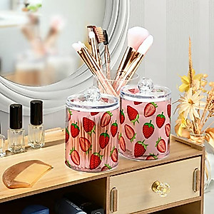 Vnurnrn Clear Plastic Jar Set for Cotton Ball, Cotton Swab, Cotton Round Pads, Floss, Strawberry Pattern with Berries Bathroom Canisters Storage Organizer, Vanity Makeup Organizer,2Pack